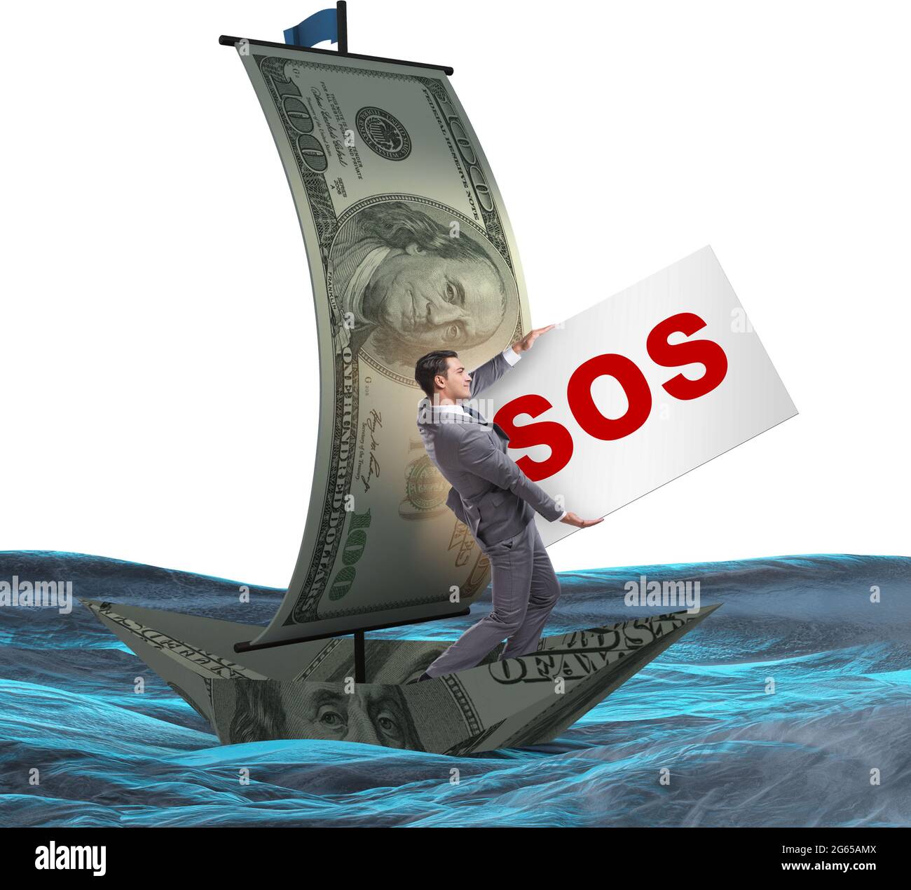 The businessman asking for help with sos message on boat Stock Photo ...