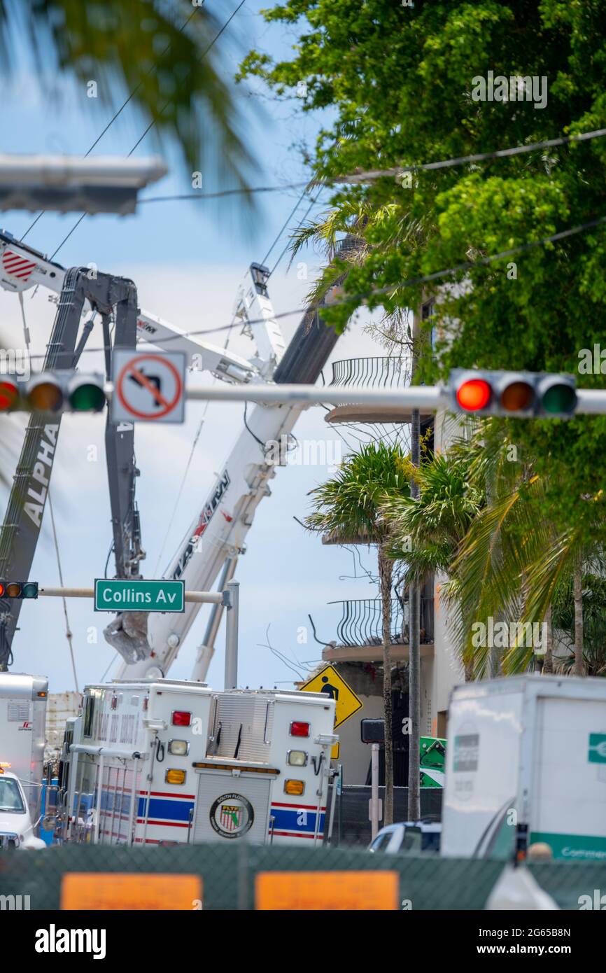 Miami Beach, FL, USA - July 2, 2021: Cranes on site Champlain Towers ...