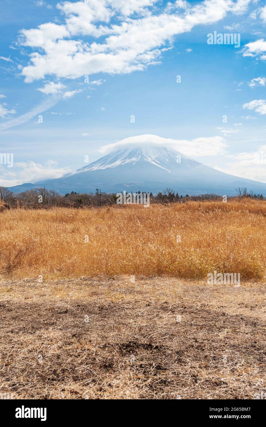 Beautiful landscape with Mount Fuji with snow and hat shaped cloud ...