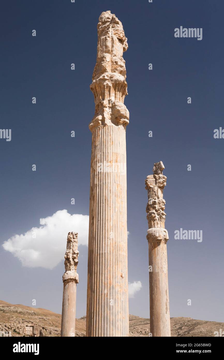Persepolis, massive stone pillars of Apadana ruins, capital of ...