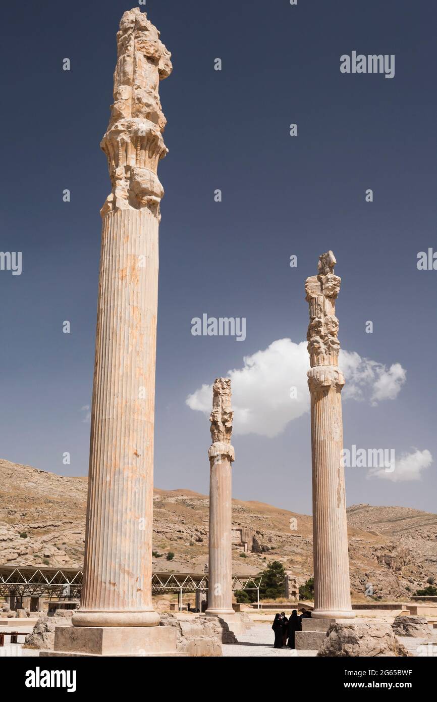 Persepolis, massive stone pillars of Apadana ruins, capital of ...