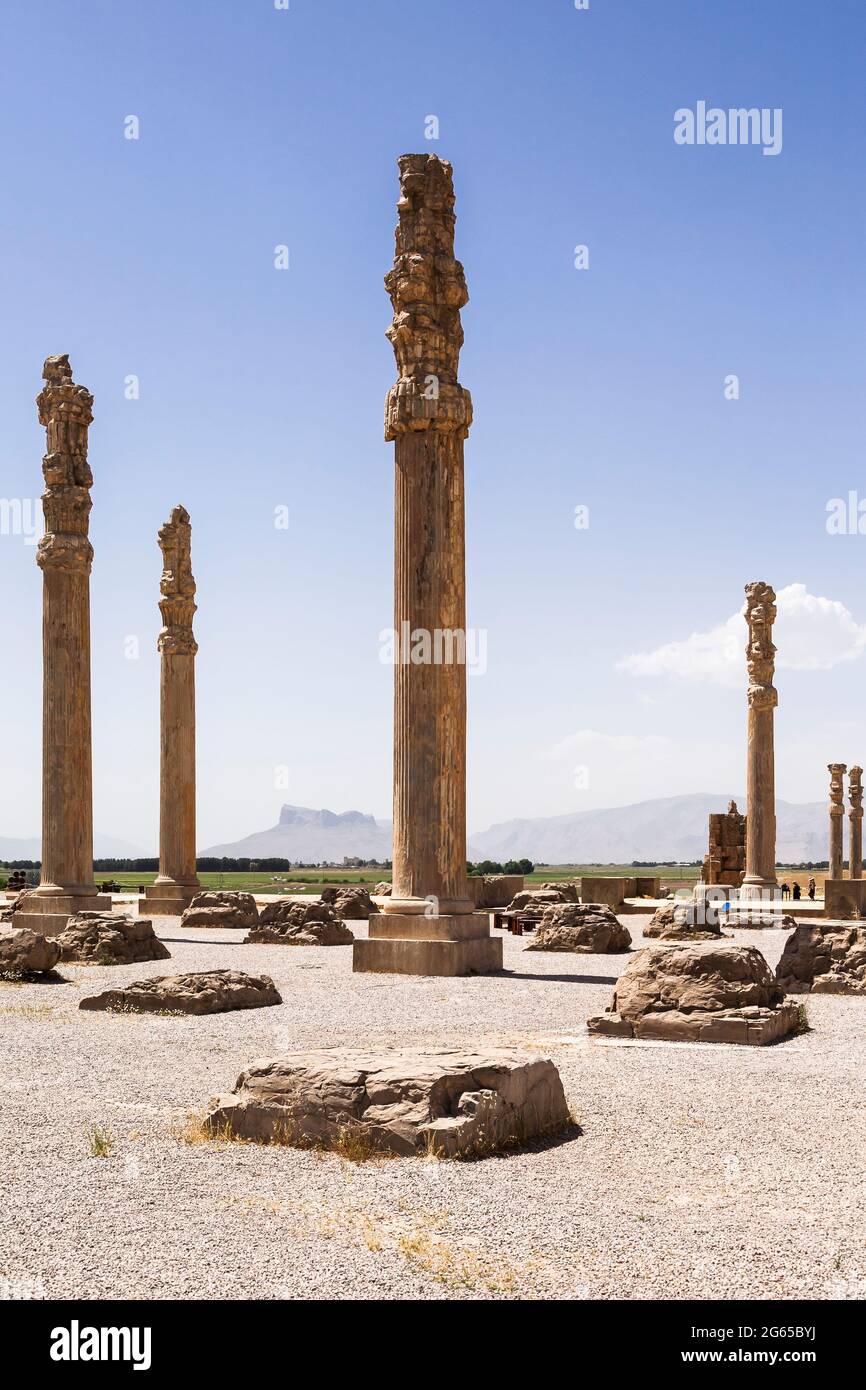 Persepolis, massive stone pillars of Apadana ruins, capital of ...
