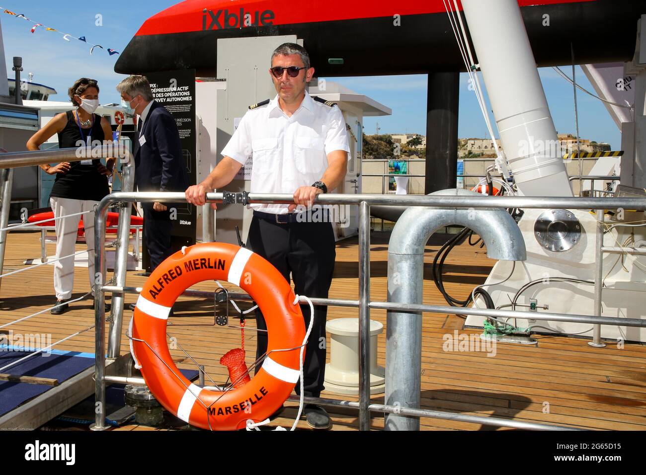 The captain of the oceanographic vessel Alfred Merlin seen during the ...