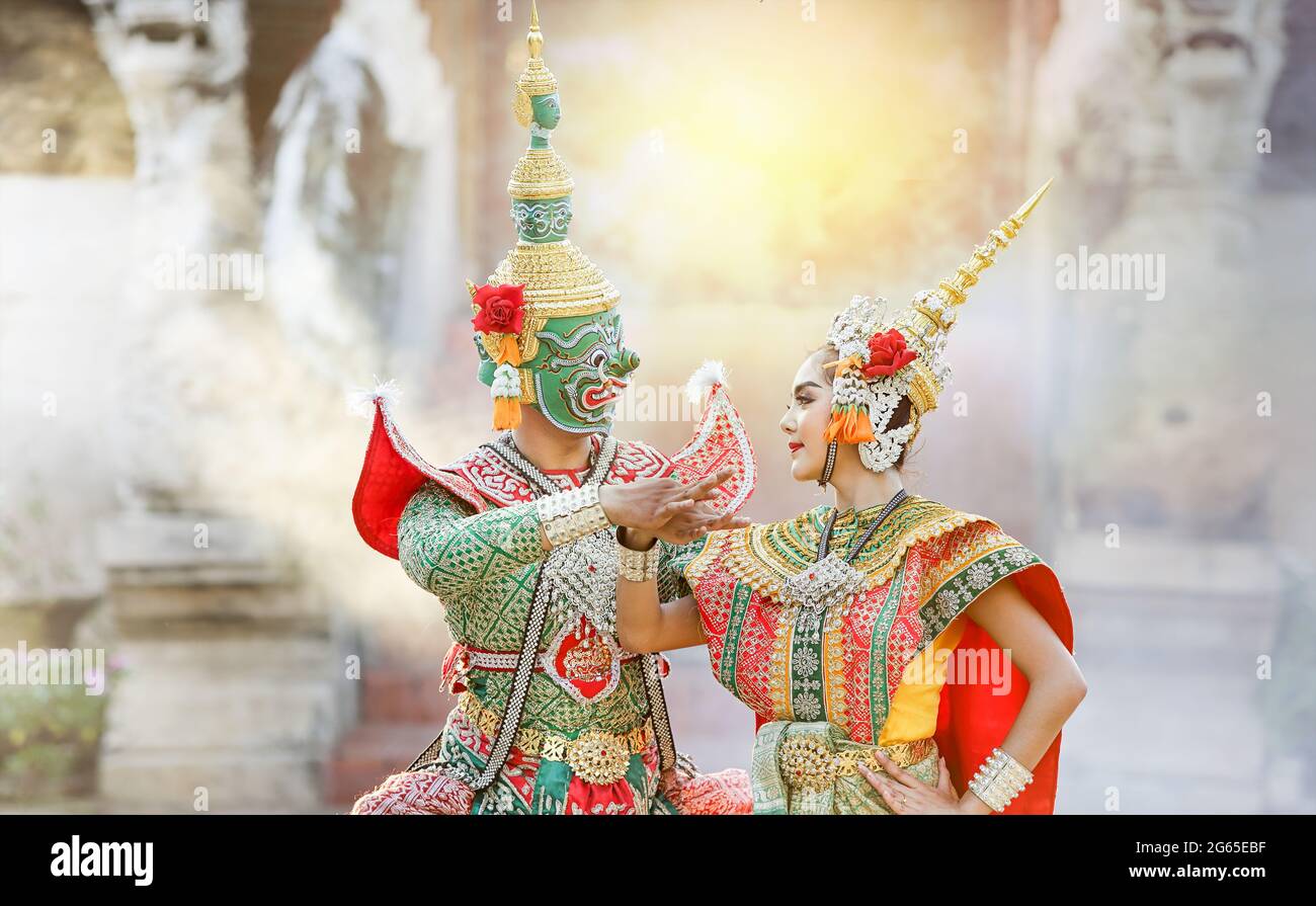 Tosakan (Ravana) and Mandodari , Thai classical mask dance of the ...