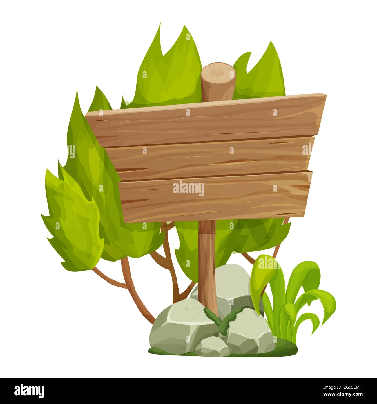 Wooden pointer, signboard with rock, stone pile, moss, grass and bush ...