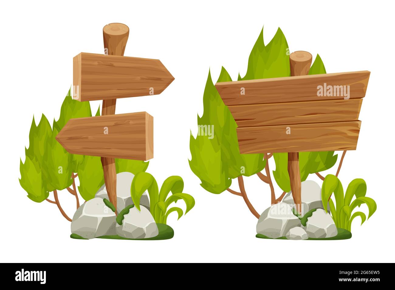 Set wooden pointer, signboards with rock pile, moss and foliage in ...