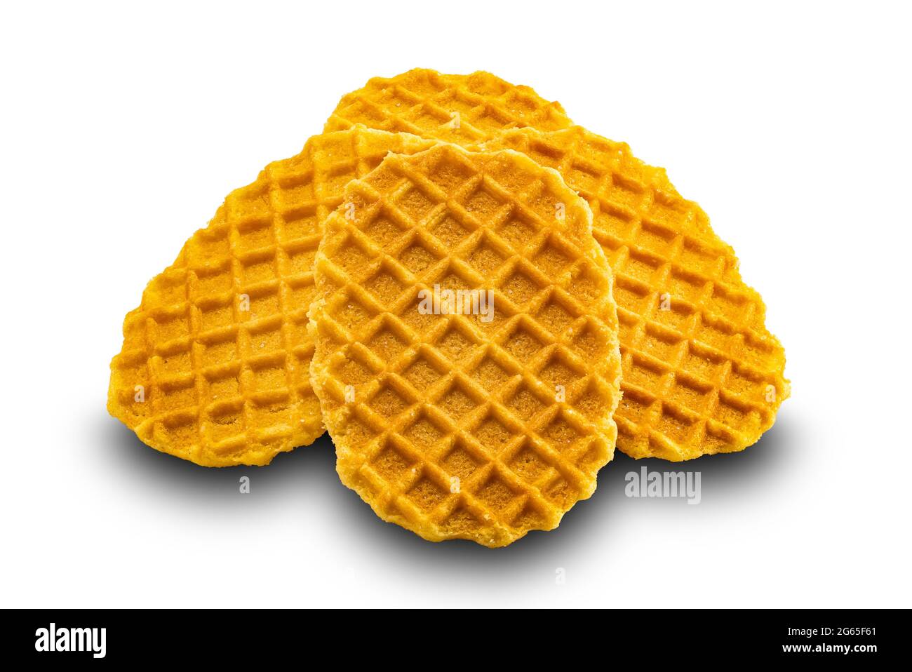 Side view pile of crispy waffles isolated on white background with ...