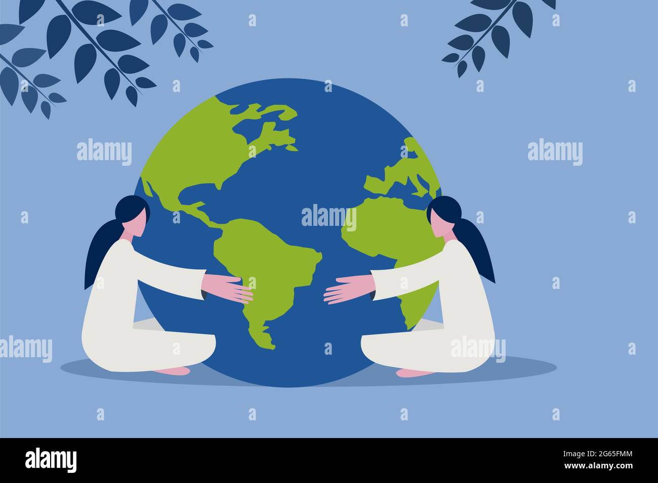 Conceptual illustration of two young people hugging the planet Earth ...