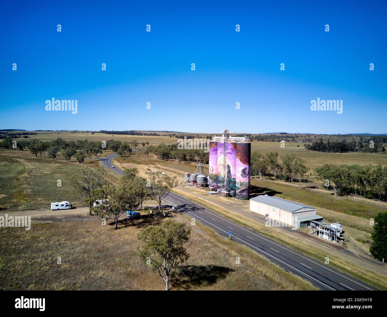 Aerial of the Three Moons artwork mural painted on grain silos near ...