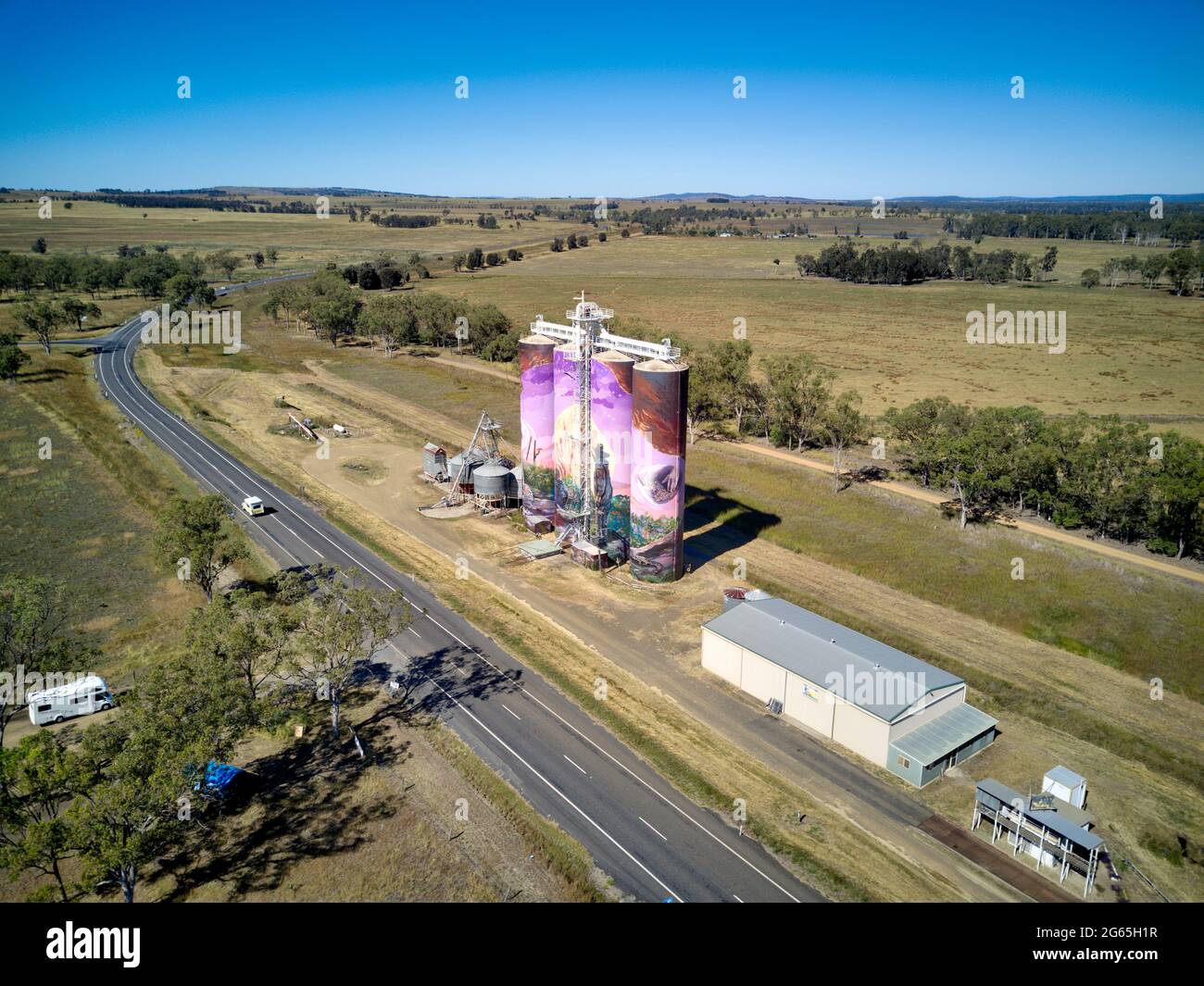 Aerial of the Three Moons artwork mural painted on grain silos near ...