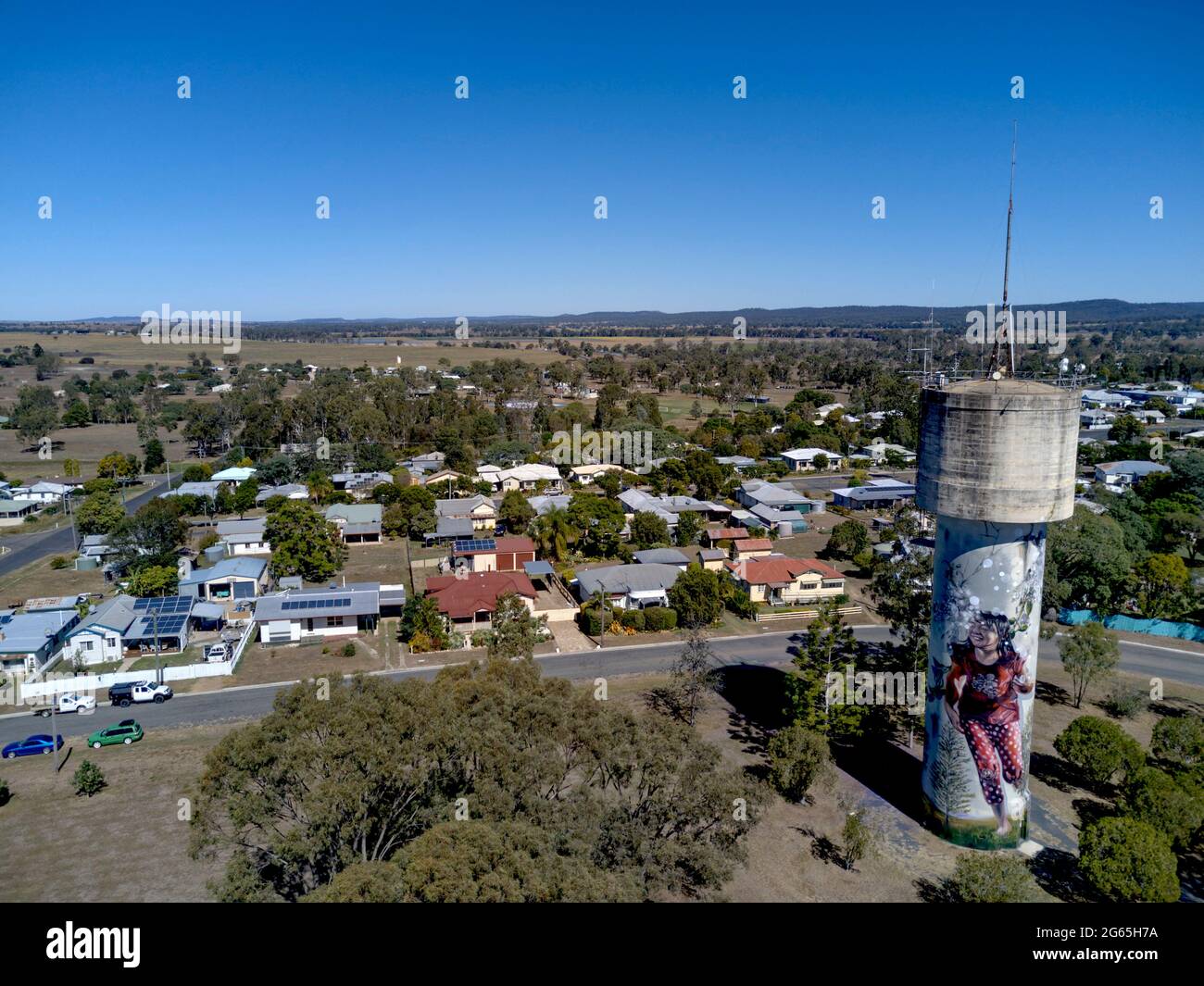 Aerial of artwork mural on water tank Monto North Burnett Queensland ...