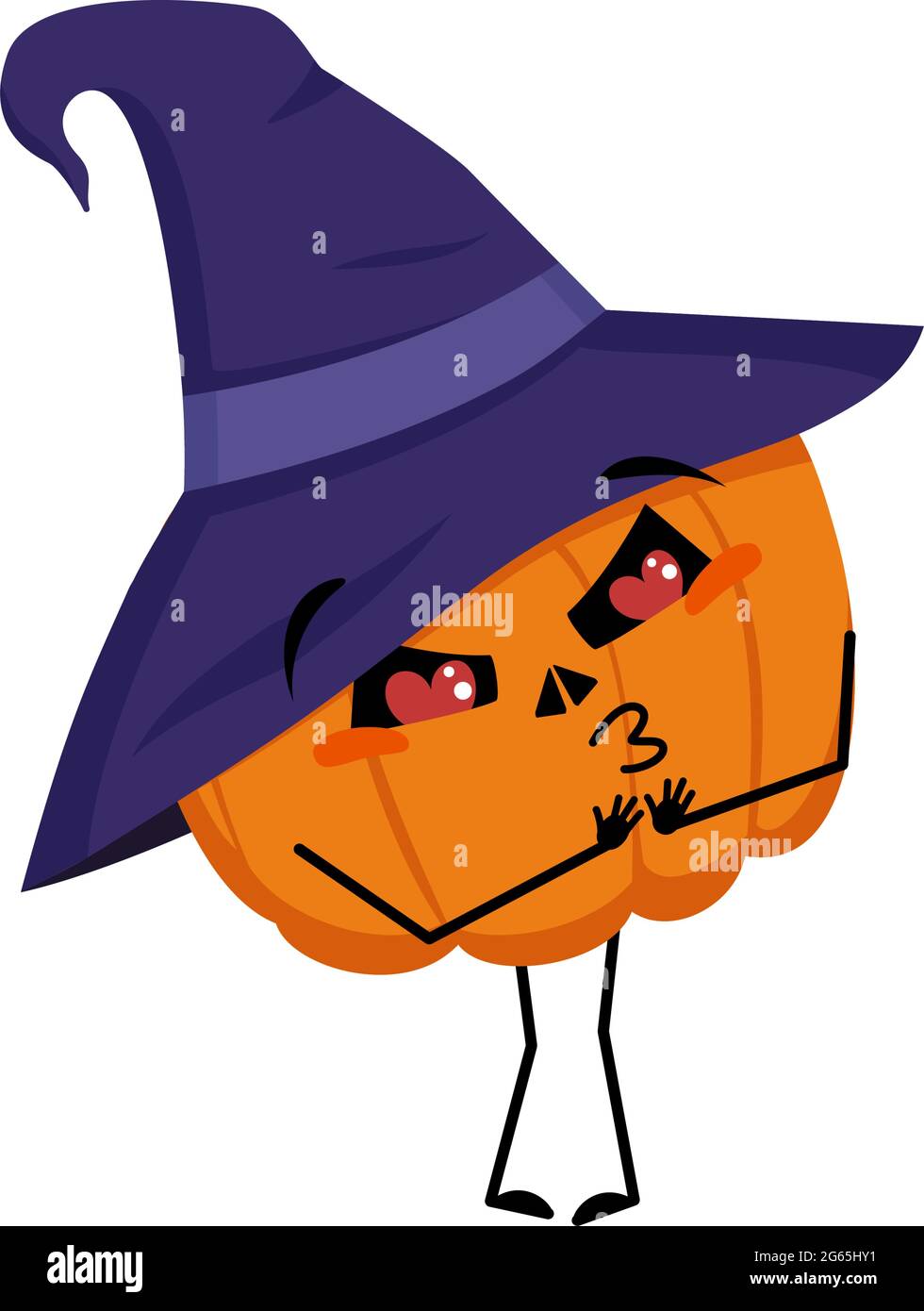 Cute pumpkin character in pointed hat falls in love with eyes hearts ...