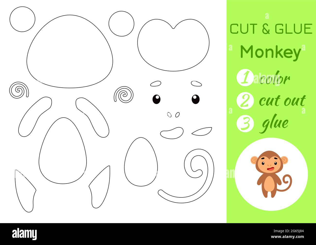 Color, cut and glue paper little monkey. Cut and paste crafts activity ...