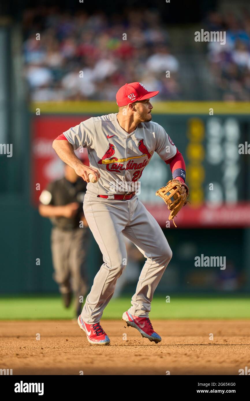 July 2. 2021: Saint Louis third basemen Nolan Arenado (28) makes a play ...