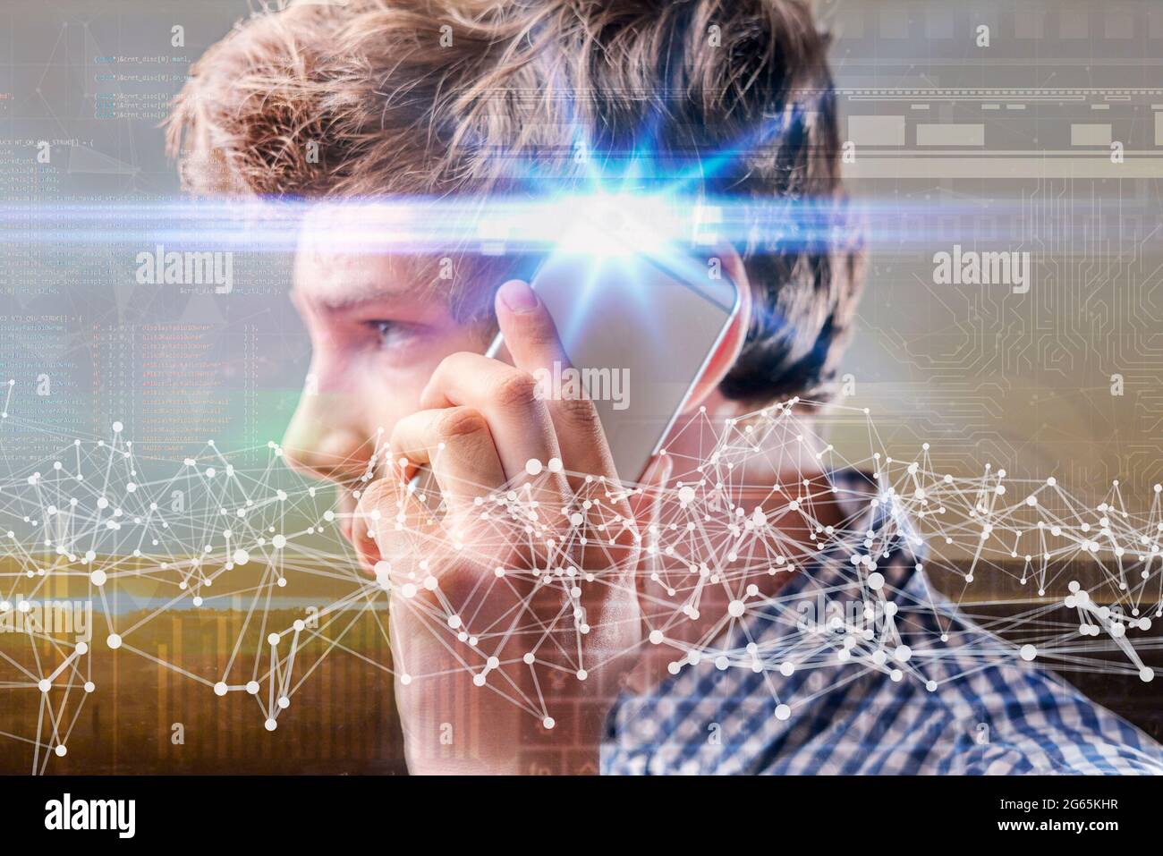 young man communicating via futuristic phone, virtual network hologram ...