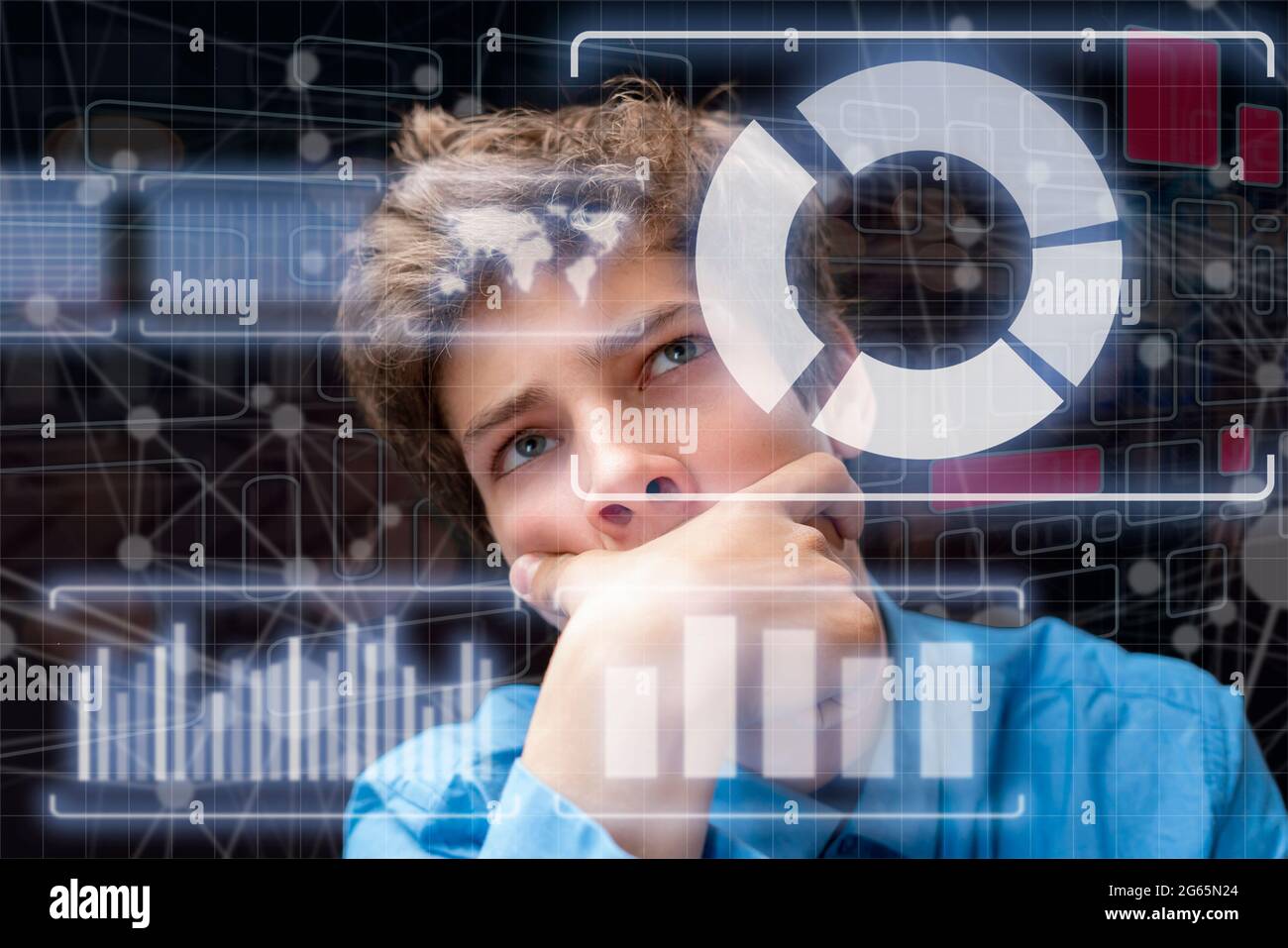 student thinking on project in front of computer wall hud interface ...