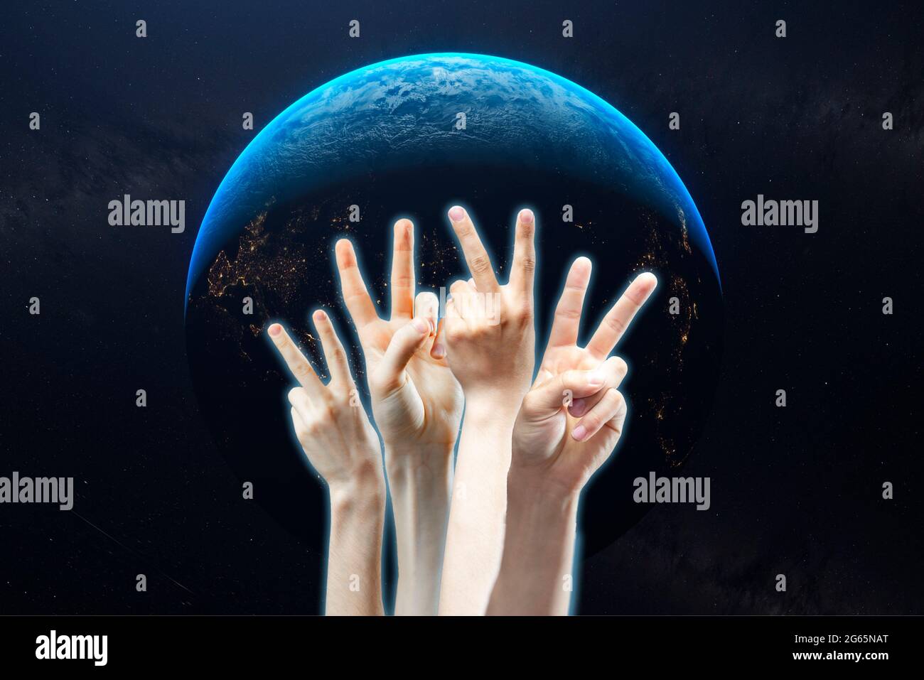 group of people show peace sign concept Stock Photo - Alamy