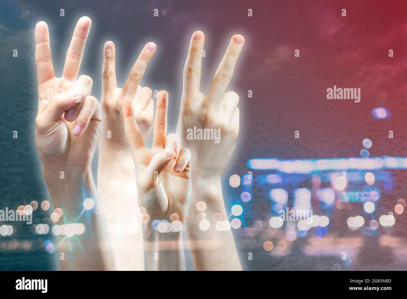 group of people show peace sign concept Stock Photo - Alamy