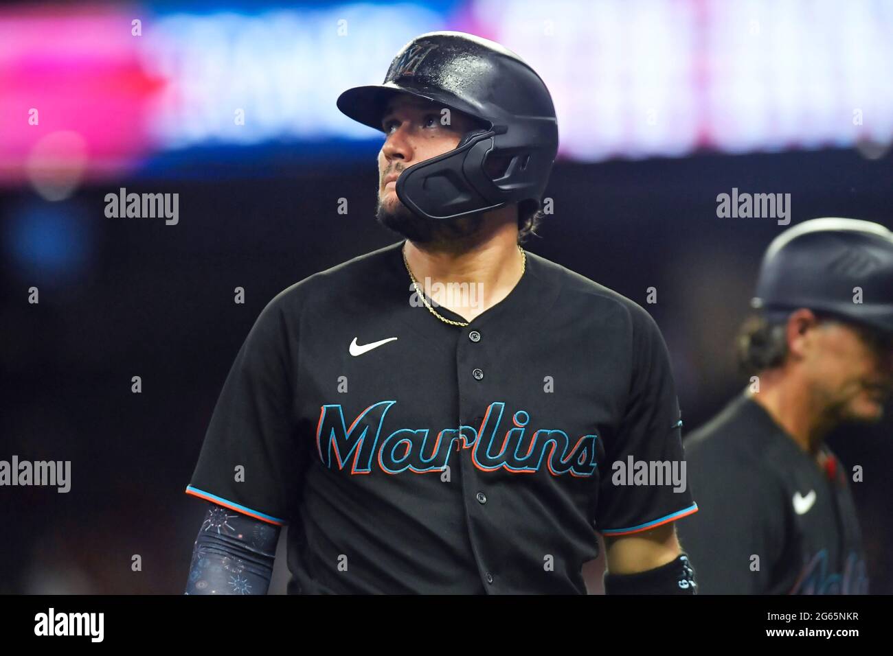 July 02, 2021: Miami Marlins infielder Miguel Rojas walks back to the ...