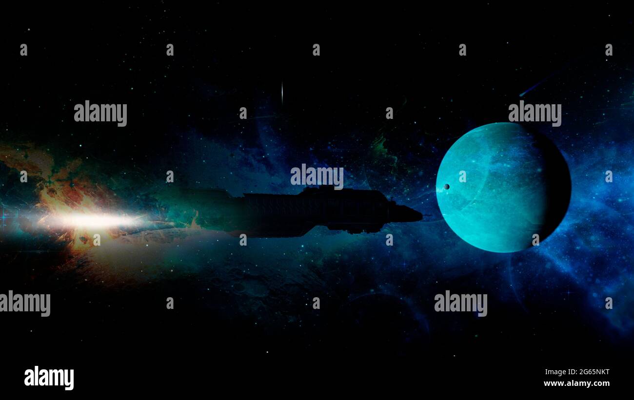 Space ship approaching a new blue planet - 3d rendering Stock Photo - Alamy