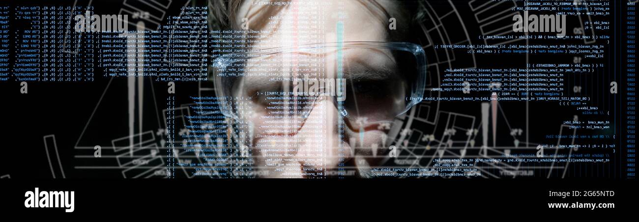 virtual binary computer code in front of young mans face Stock Photo ...