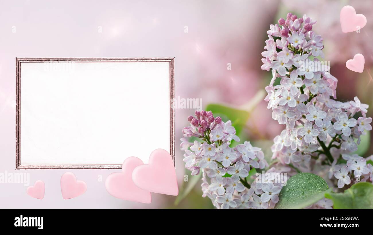 Unfocused background with blooming lilacs, empty paper in a frame and ...