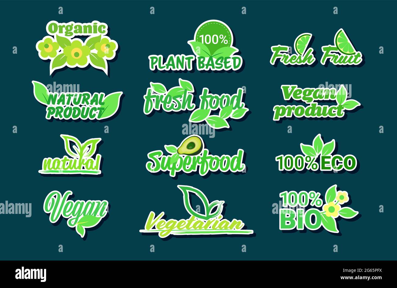 set plant based natural product stickers organic healthy vegan market ...