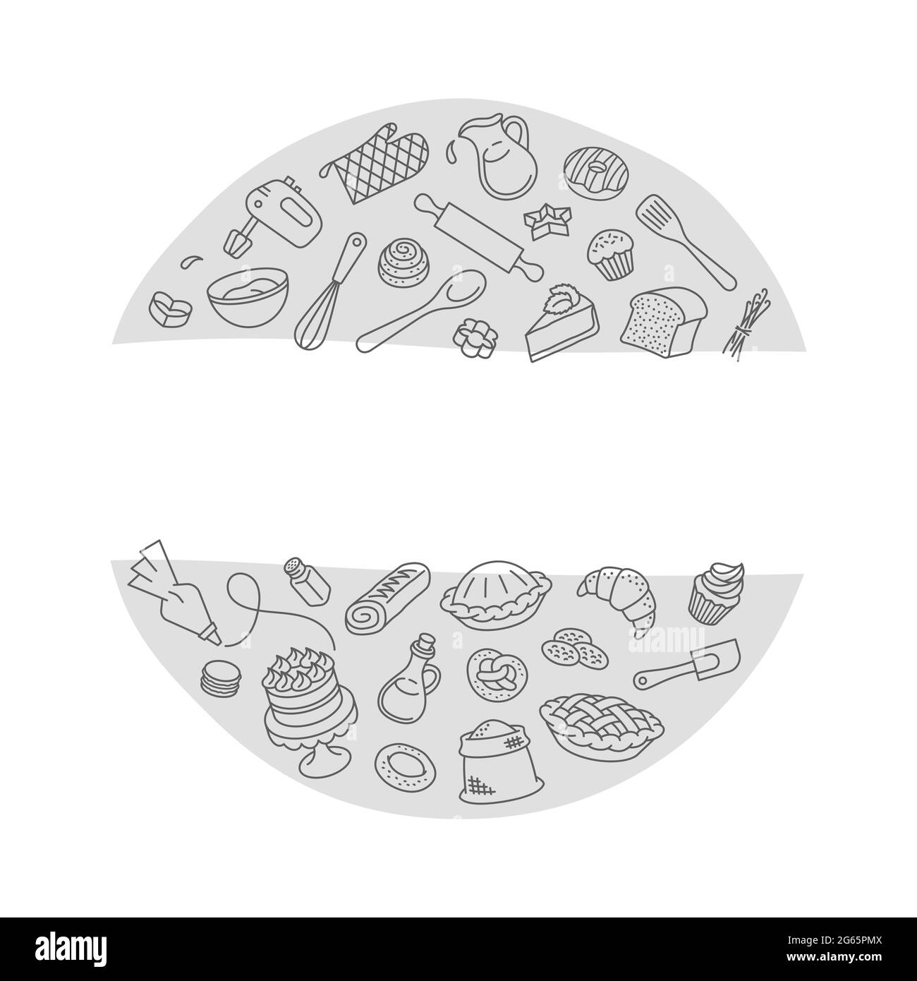 Bakery products and baking tools linear label. Round sticker. Thin line ...