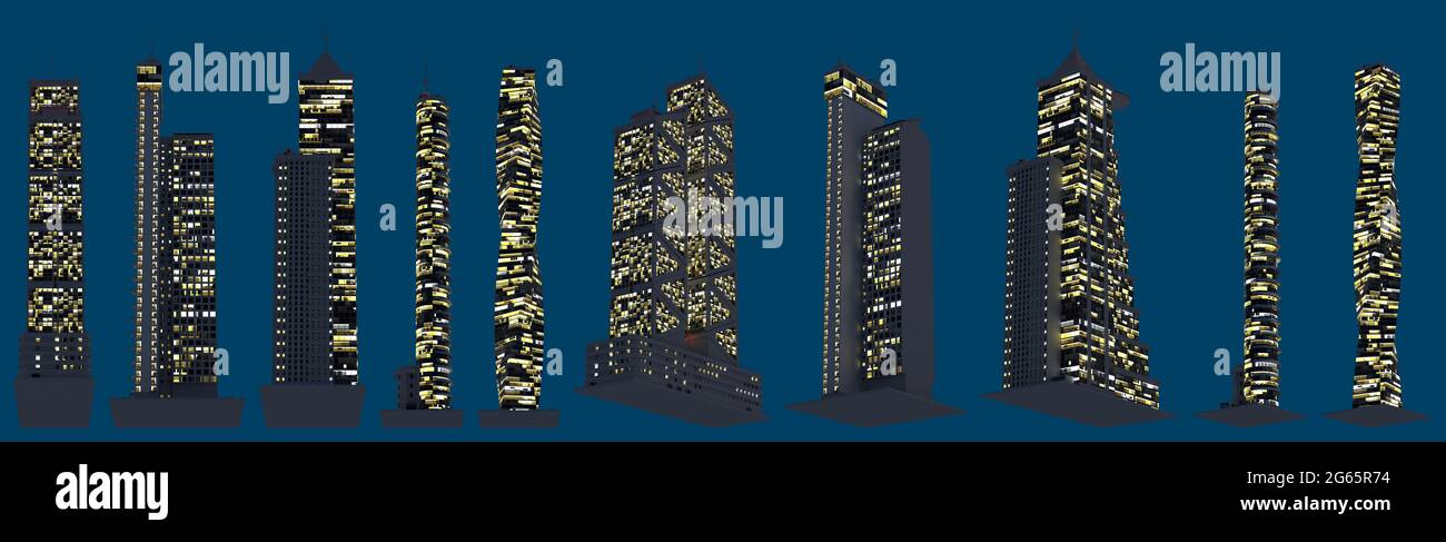 3d illustration of architecture - various fictional towers at night ...