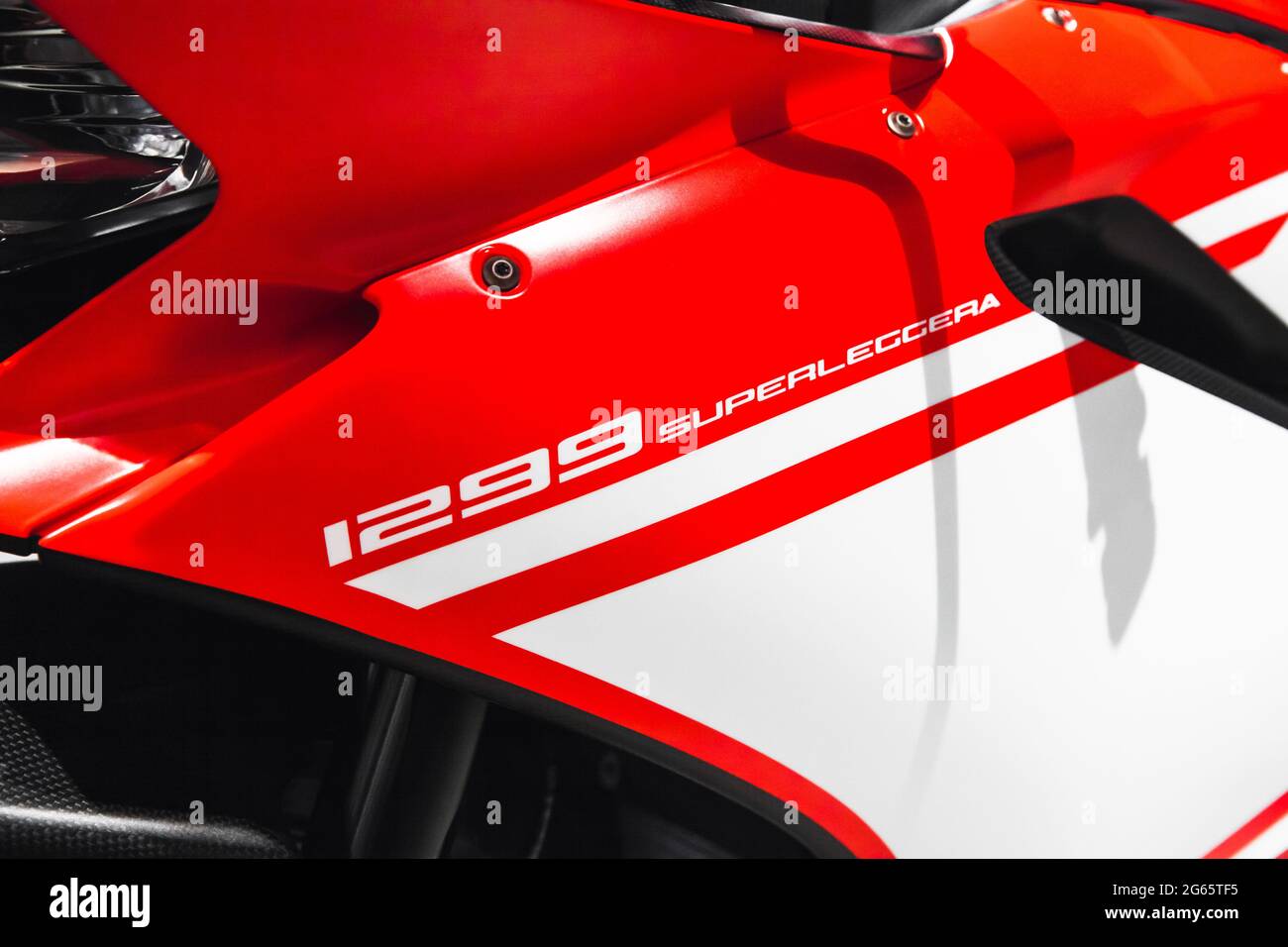St.Petersburg, Russia - April 3, 2019: Ducati 1299 superleggera name is ...