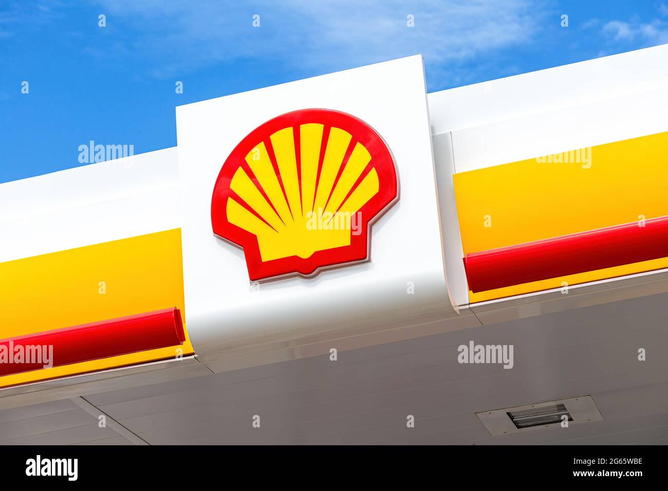 Samara, Russia - July 2, 2021: Shell gas station signboard against the ...