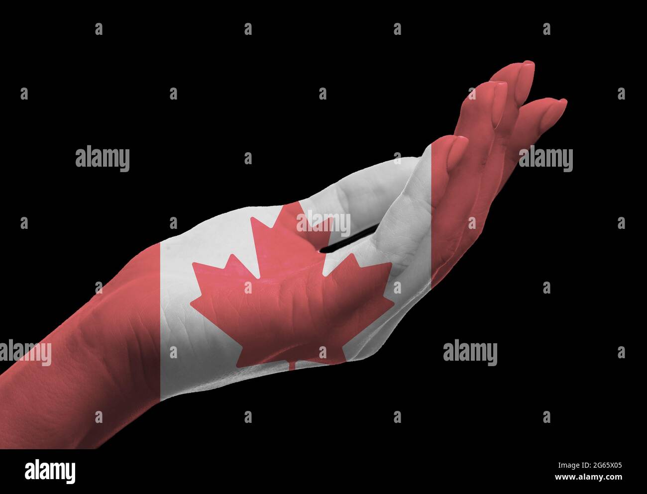Female hand in colors of Canadian flag on dark background Stock Photo ...