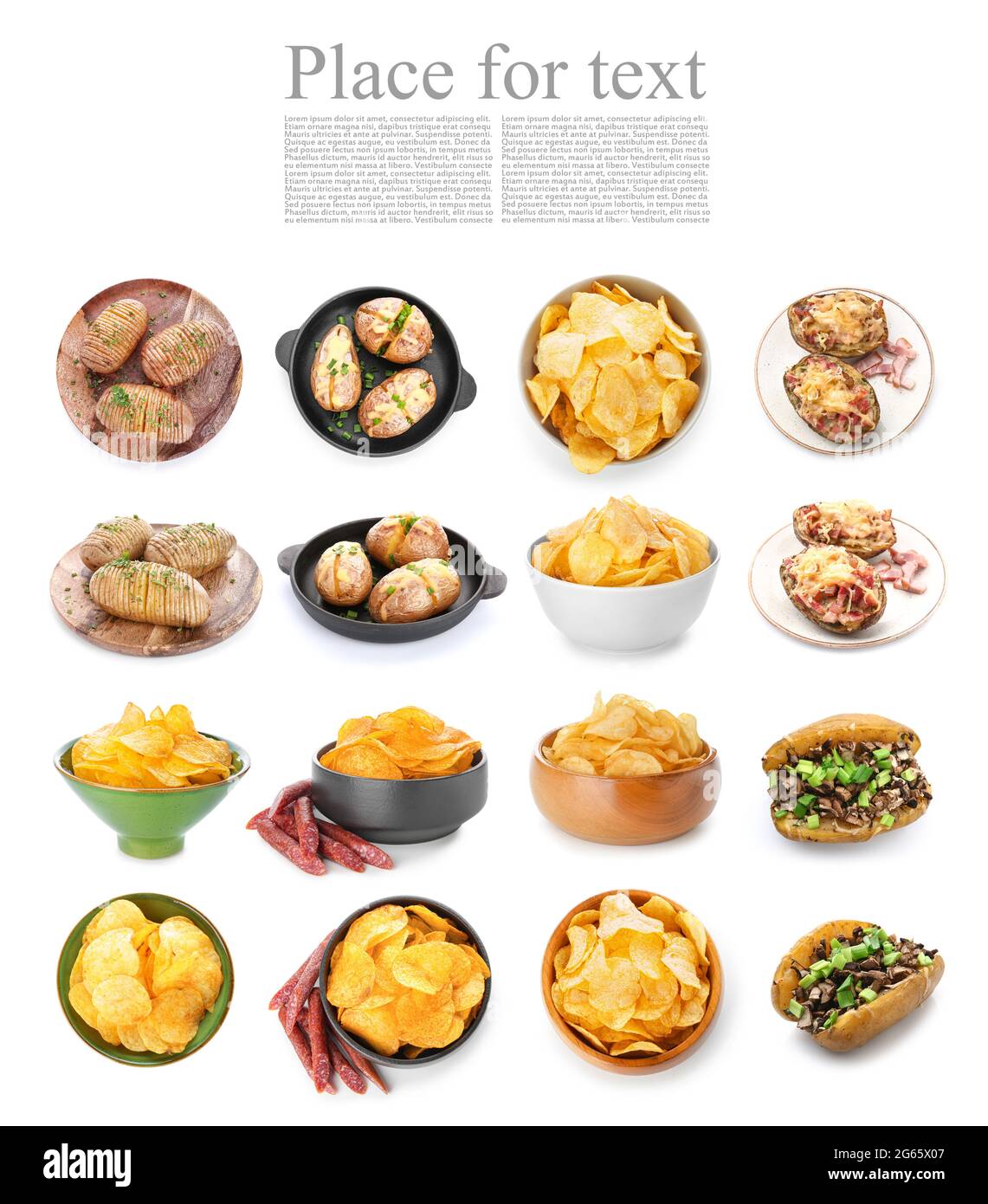 Different potato dishes on white background with space for text Stock ...