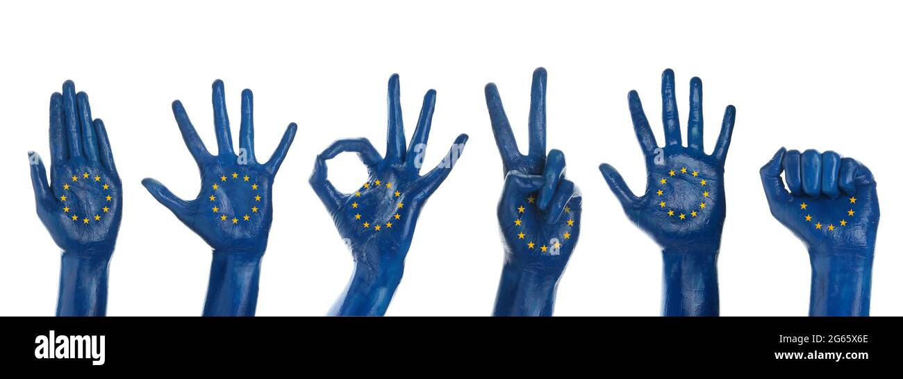 Many hands painted in colors of European Union flag on white background ...
