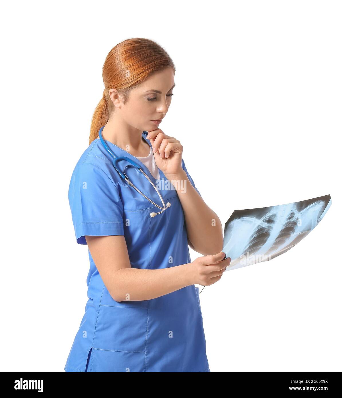 Nurse with x-ray image of lungs on white background Stock Photo - Alamy