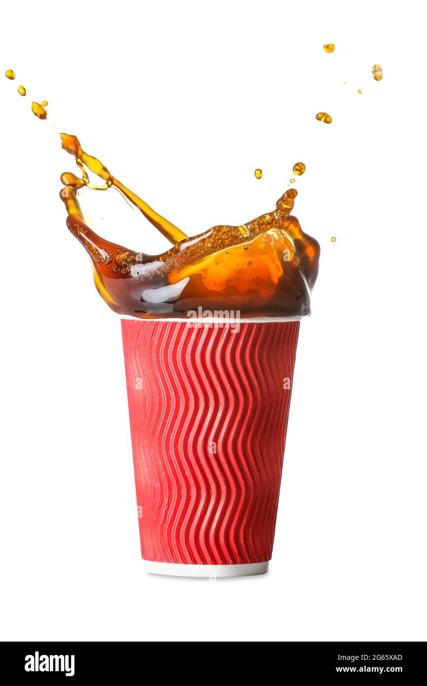 Splash of coffee in paper cup on white background Stock Photo - Alamy