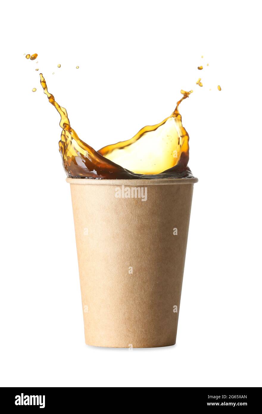 Splash of coffee in paper cup on white background Stock Photo - Alamy