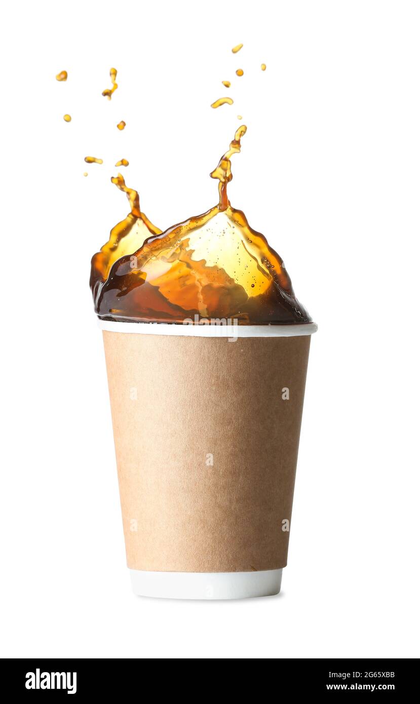 Splash of coffee in paper cup on white background Stock Photo - Alamy