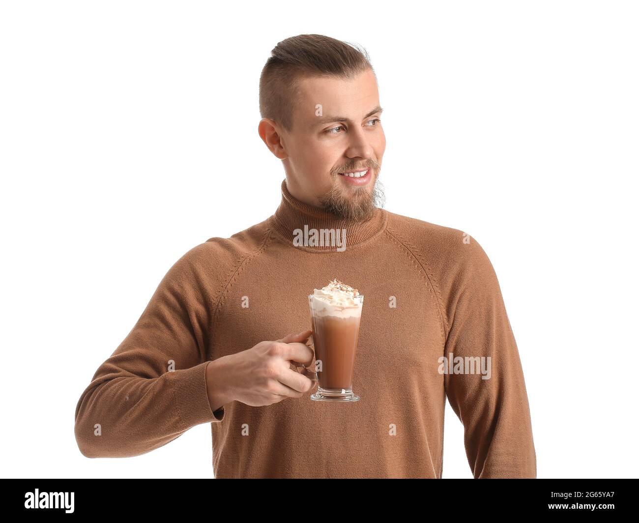 Handsome man with cup of hot cocoa on white background Stock Photo - Alamy