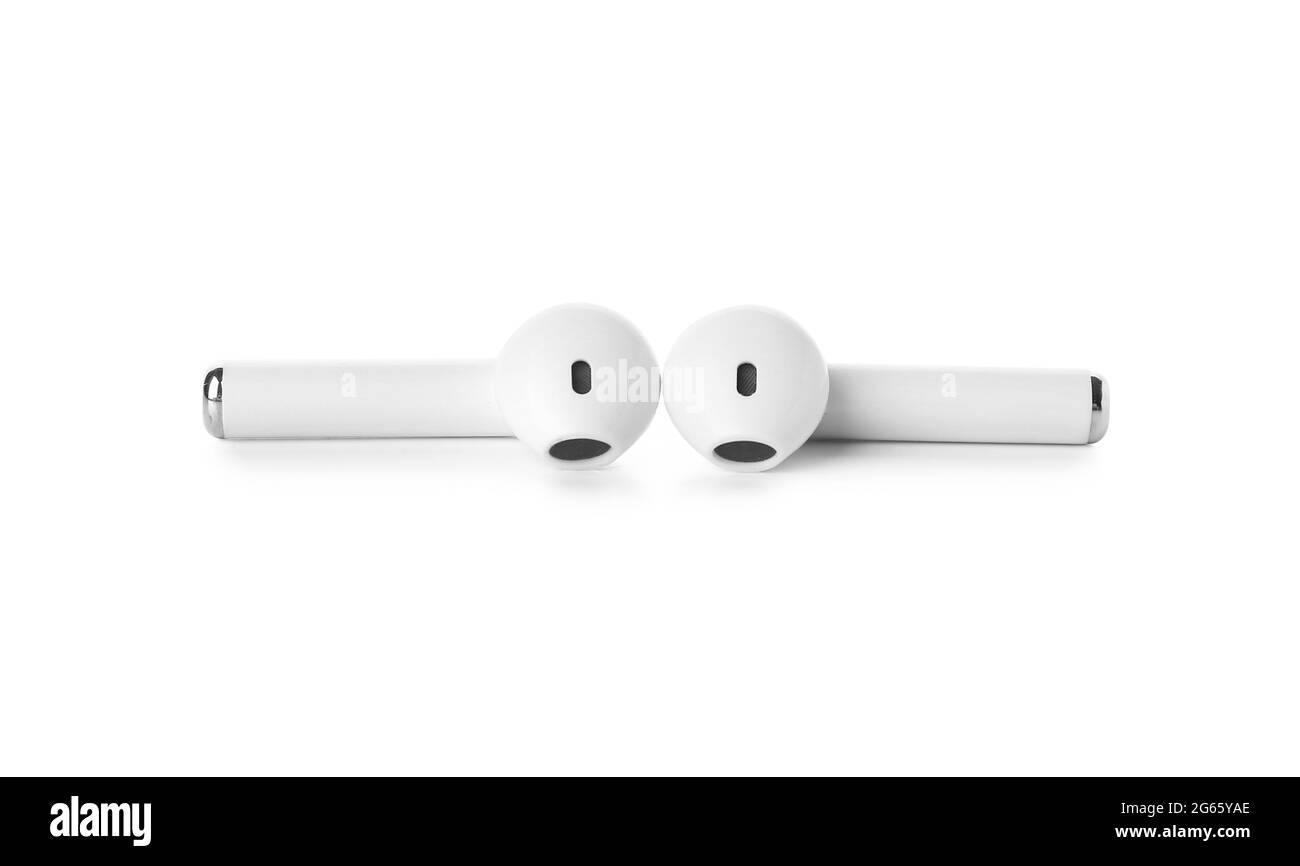 Modern earphones on white background Stock Photo - Alamy