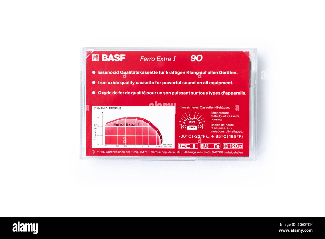Red BASF audio cassette, retro audio technology, on white background ...