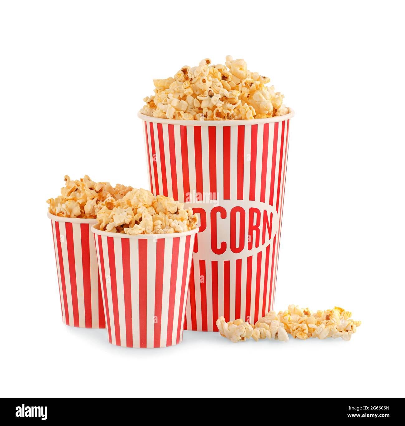 Buckets with tasty popcorn on white background Stock Photo - Alamy