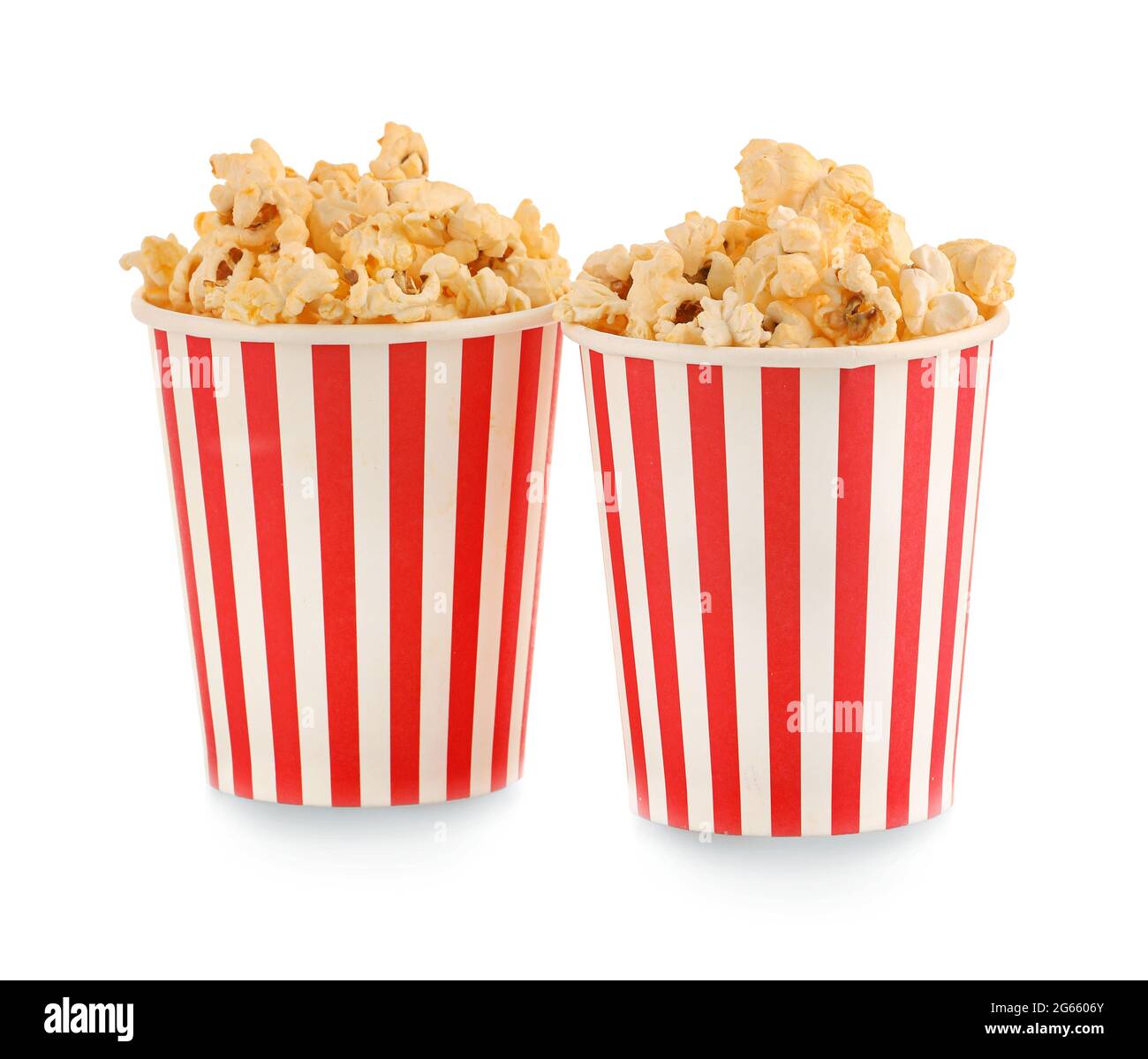 Buckets with tasty popcorn on white background Stock Photo - Alamy