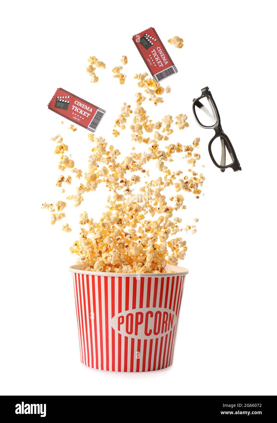 Bucket with popcorn, cinema tickets and 3D glasses on white background ...