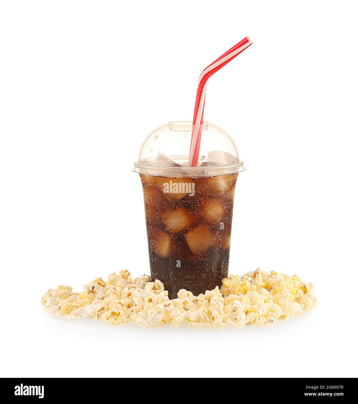 Cola and tasty popcorn on white background Stock Photo - Alamy
