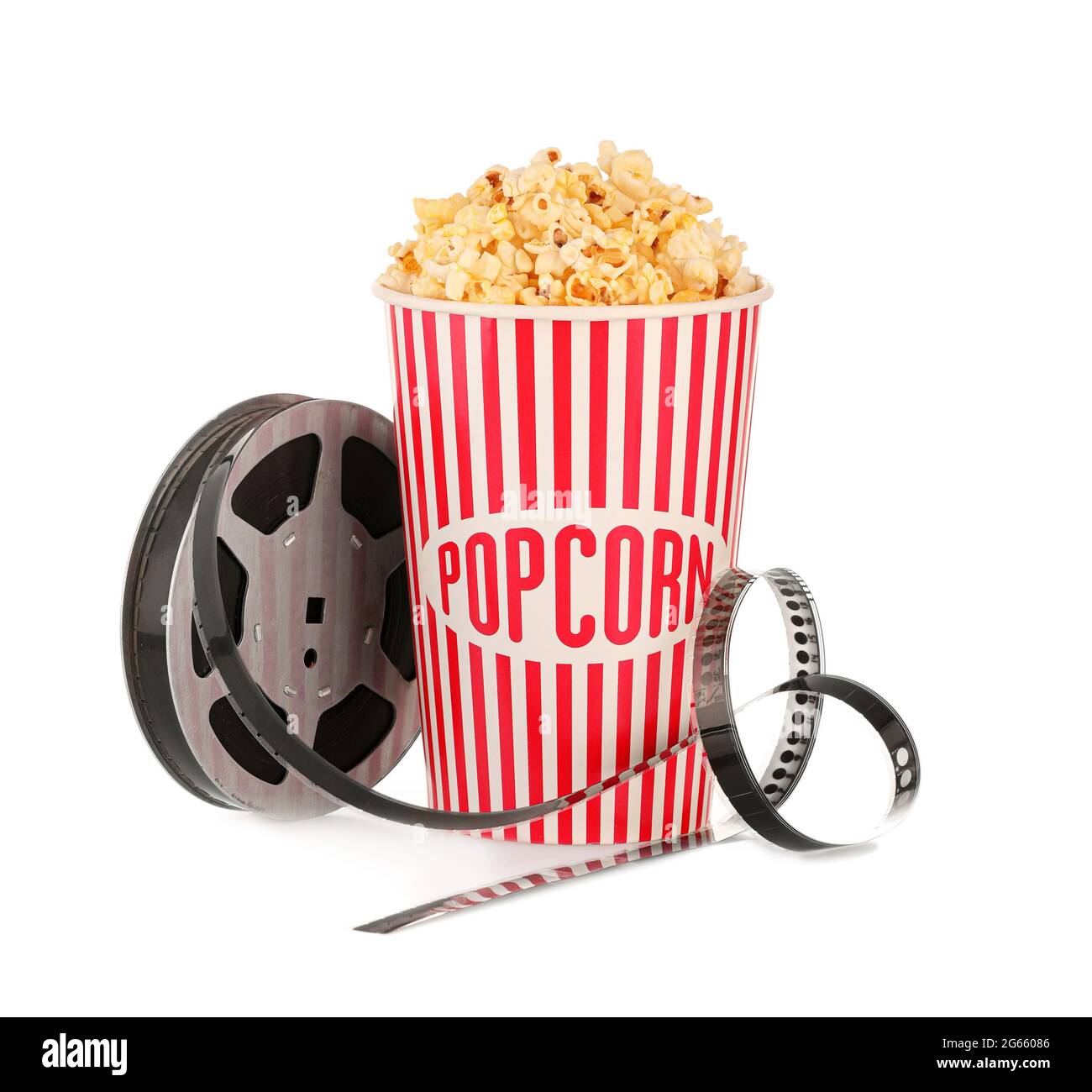 Bucket with tasty popcorn and film reel on white background Stock Photo ...
