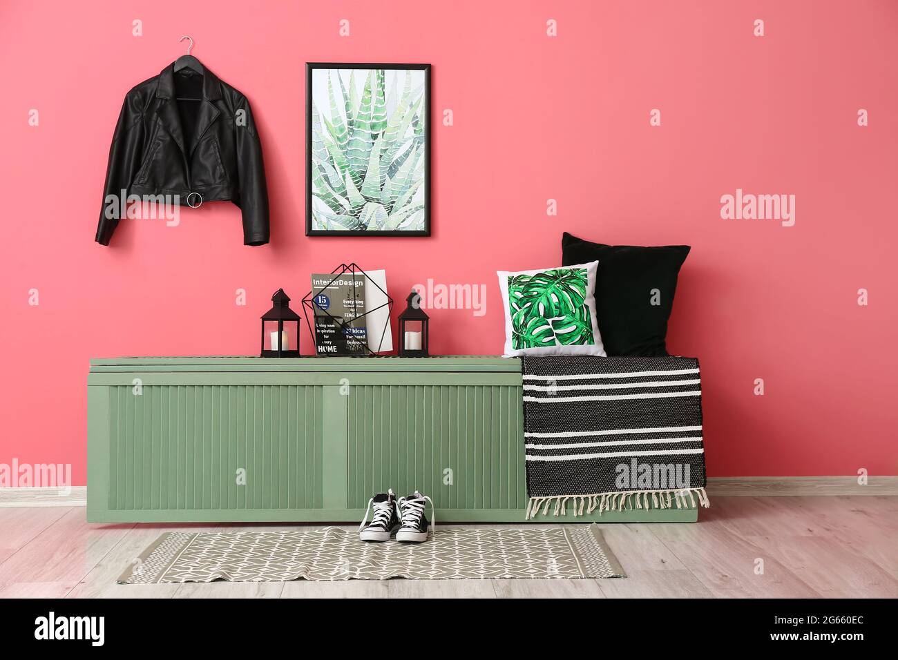 Interior of stylish hallway with folding screen Stock Photo - Alamy