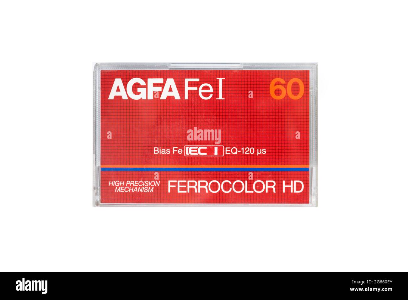 Red AGFA audio cassette, retro audio technology, on white background ...