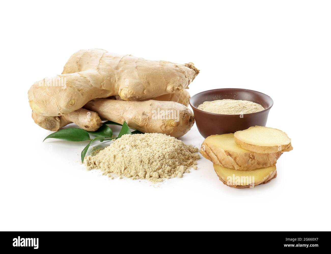 Composition with ginger powder on white background Stock Photo - Alamy