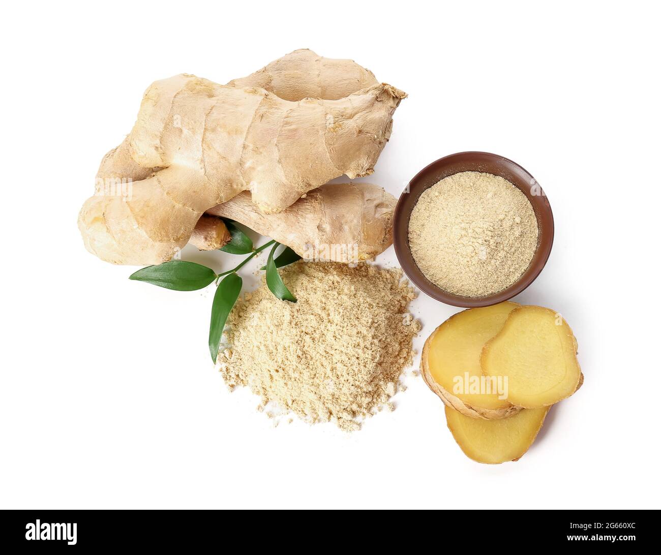 Composition with ginger powder on white background Stock Photo - Alamy